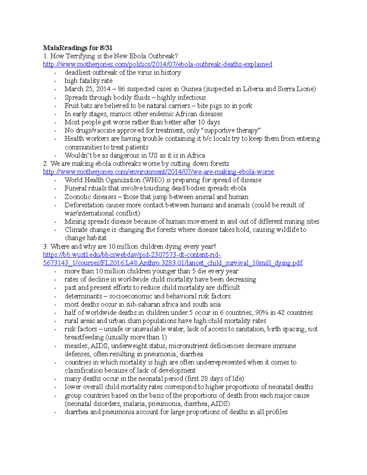 Intro to Global Health class notes - MalaReadings for 8/ How Terrifying ...
