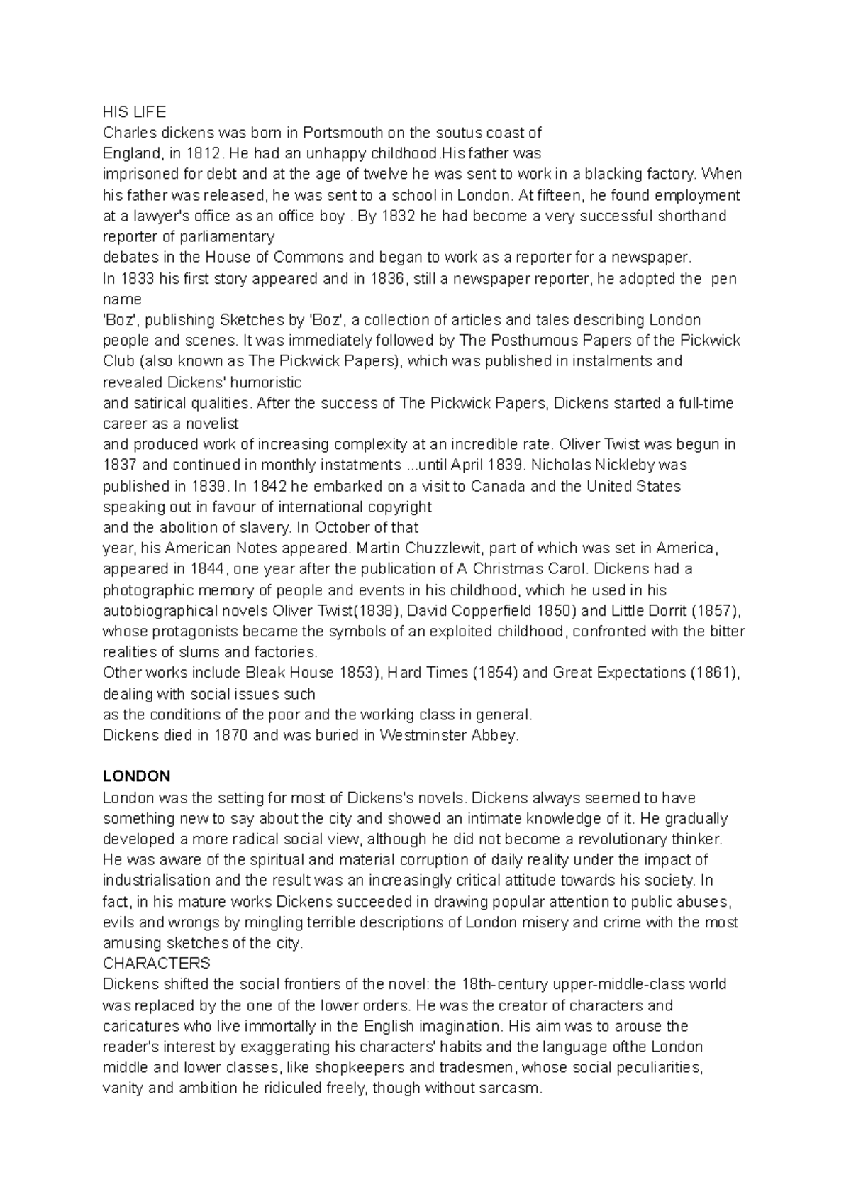 CHARLES DICKENS - HIS LIFE Charles dickens was born in Portsmouth on ...