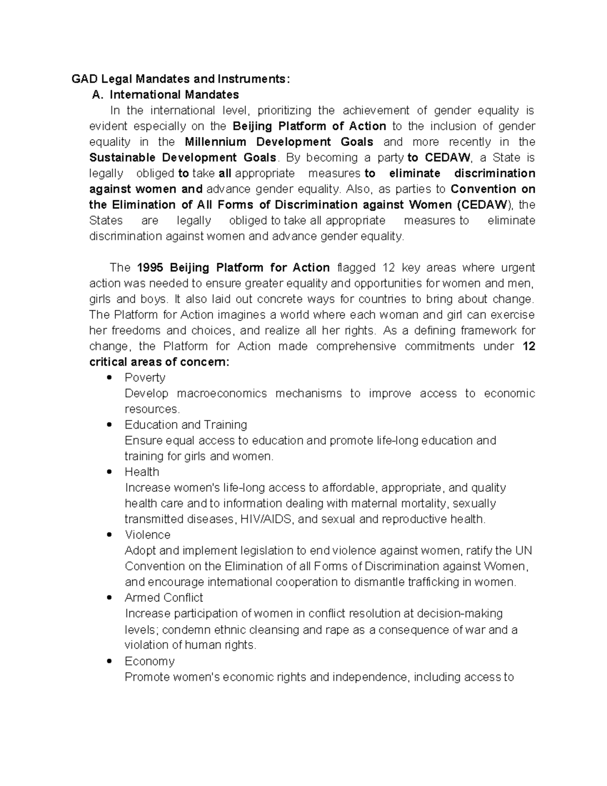 GEN - GAD Legal Mandates and Instruments: A. International Mandates In ...