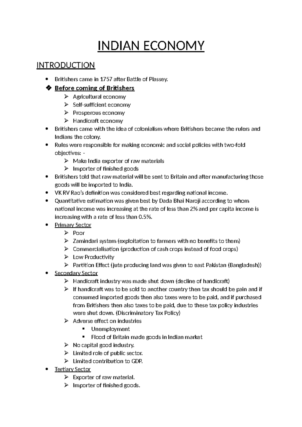 Indian Economy - eco notes - INDIAN ECONOMY INTRODUCTION Britishers ...