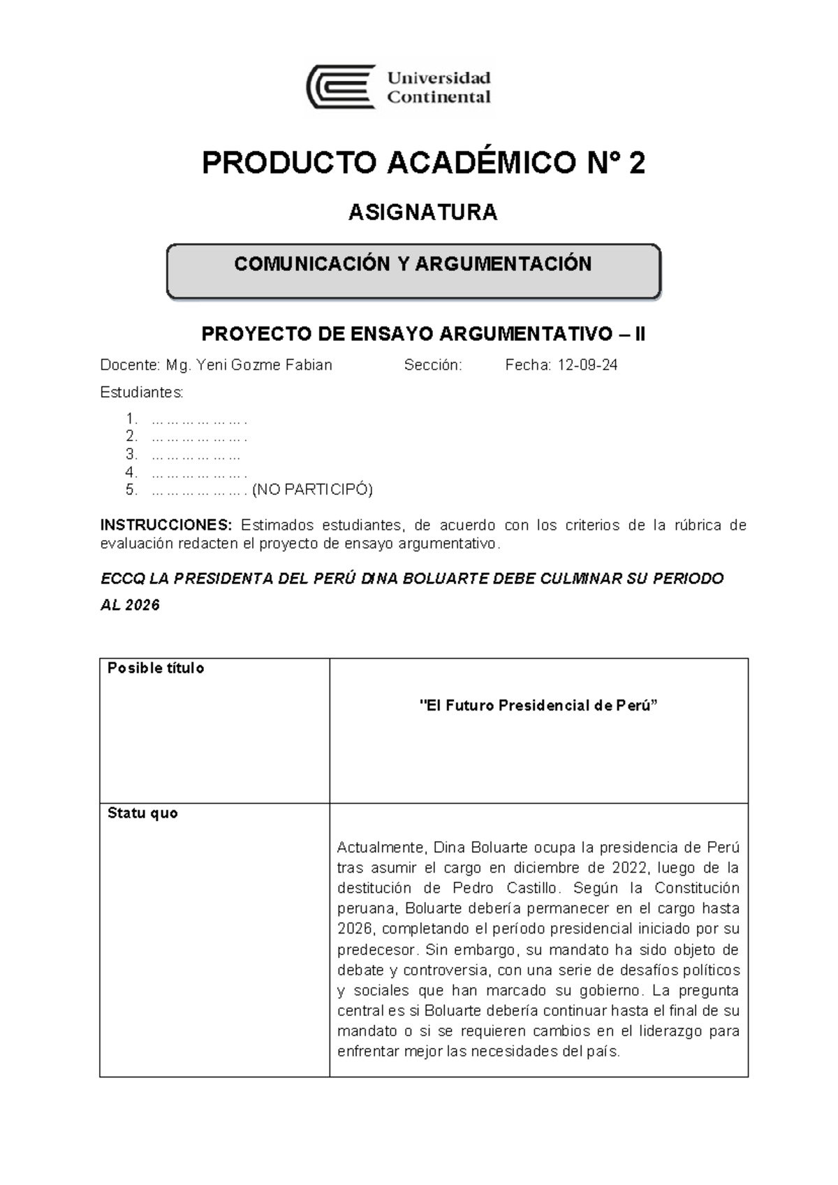 Formato PA2 Ejemplo - PRODUCTO ACADÉMICO N° 2 ASIGNATURA PROYECTO DE ENSAYO ARGUMENTATIVO – II ...
