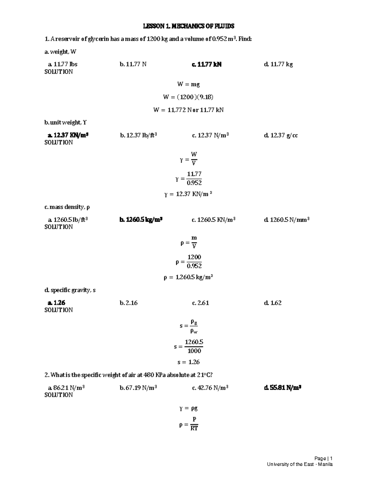 Lesson-1 - Page | 1 LESSON 1. MECHANICS OF FLUIDS A reservoir of glycerin has a mass of 1200 kg ...