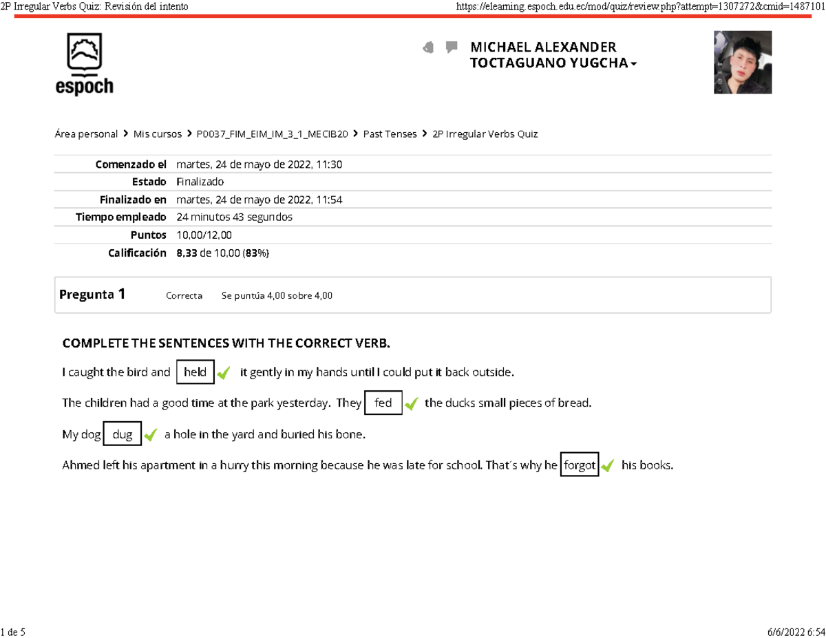 2P Irregular Verbs Quiz Revisión del intento - ####### Comenzado el ...