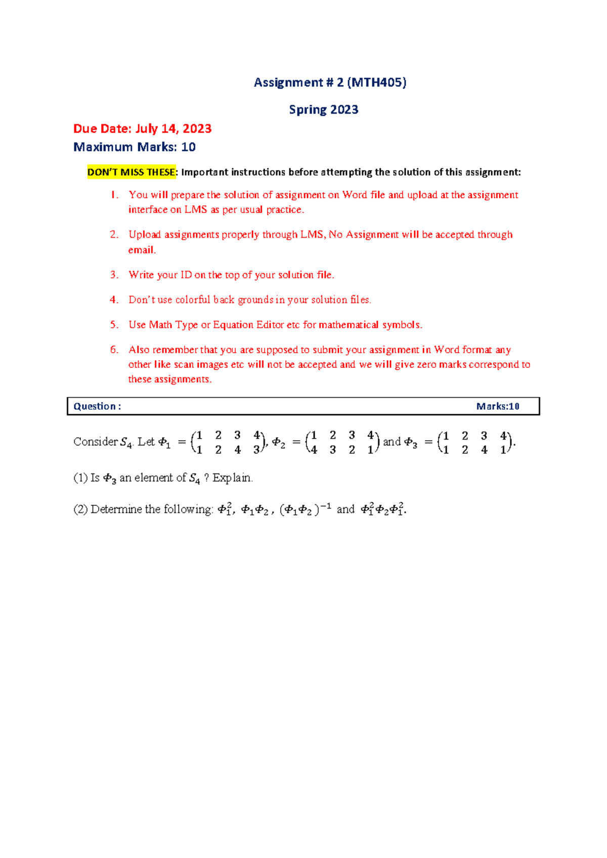 Spring 2023 MTH405 2 - Good - Assignment # 2 (MTH405) Spring 2023 Due Date: July 14, 2023 ...