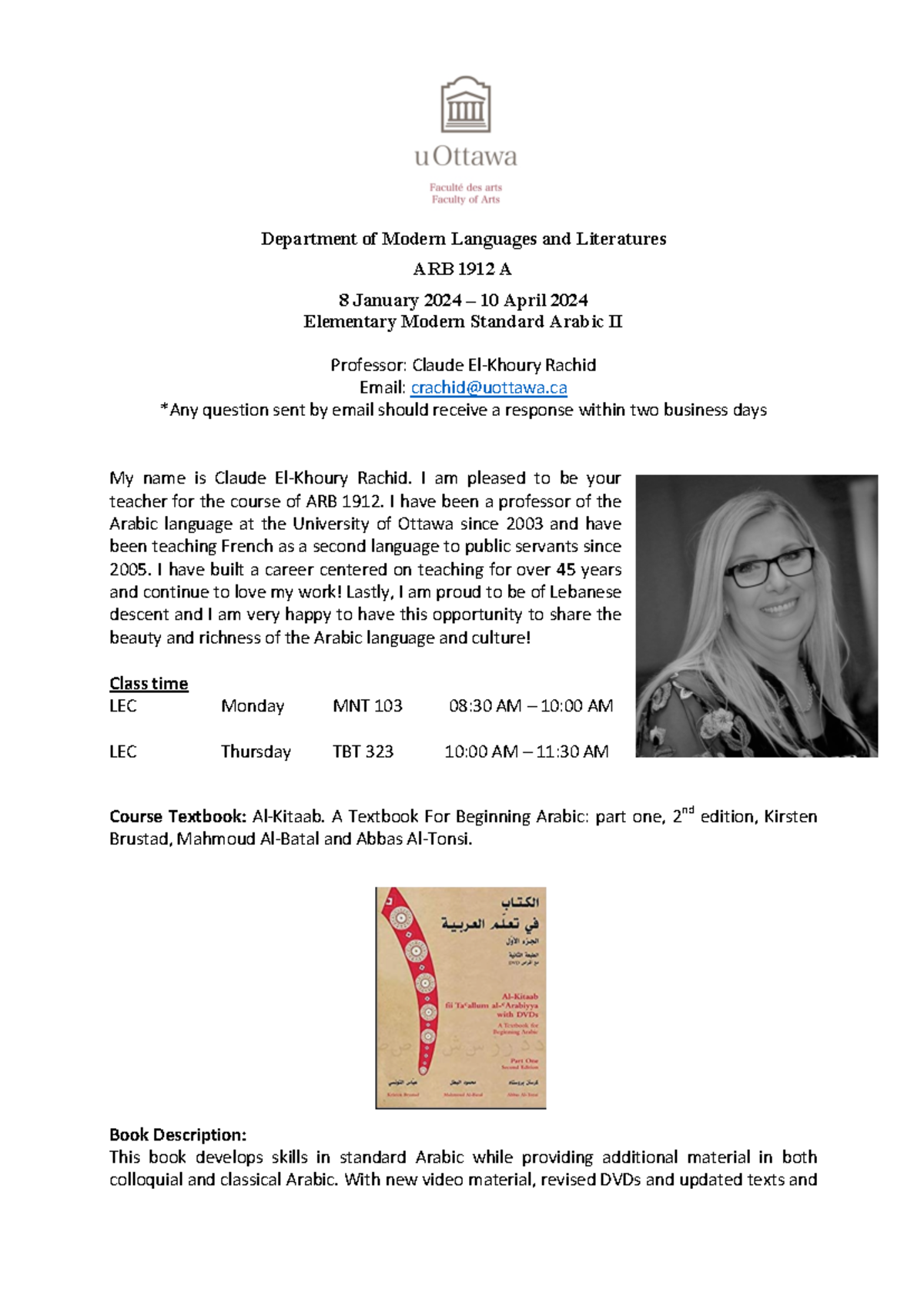 ARB 1912 A winter 2024 outline - Department of Modern Languages and ...