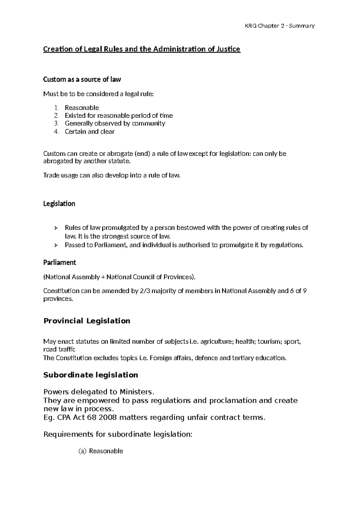 Chp 2 summary - KRG Chapter 2 - Summary Creation of Legal Rules and the Administration of ...