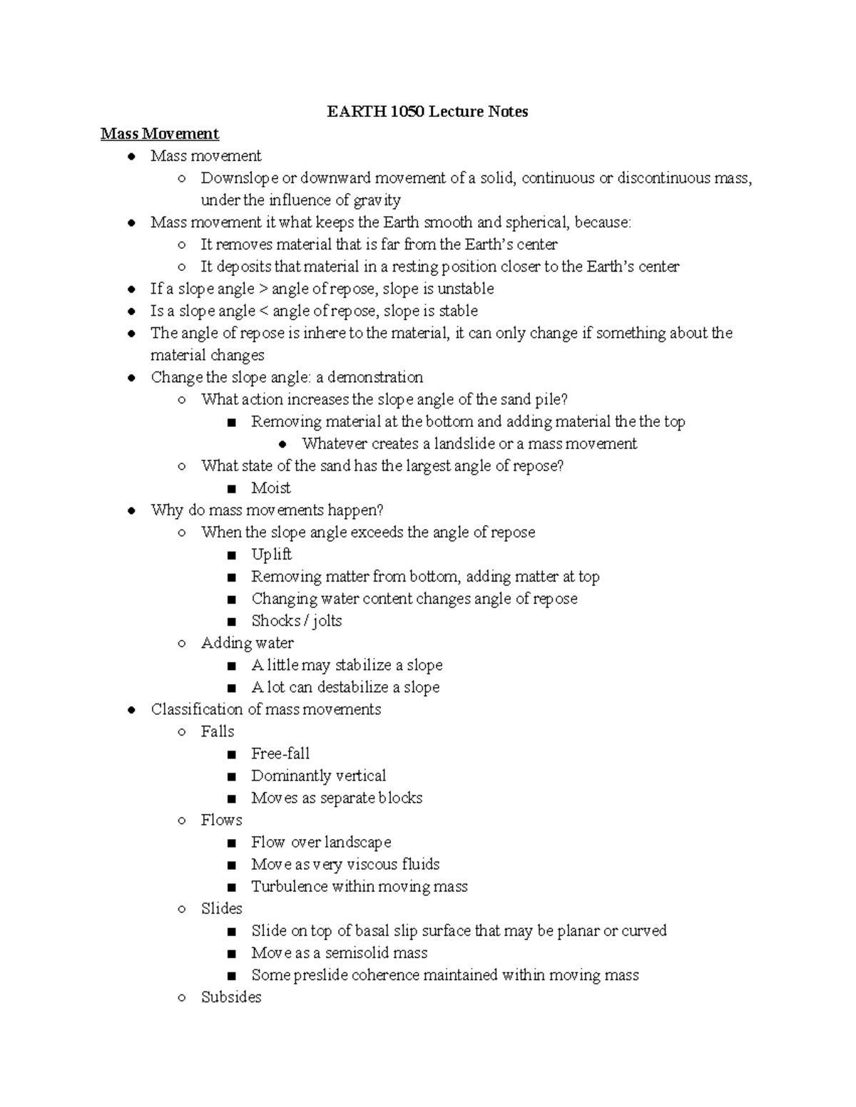 ERTH 1050 Notes 2 - EARTH 1050 Lecture Notes Mass Movement Mass ...