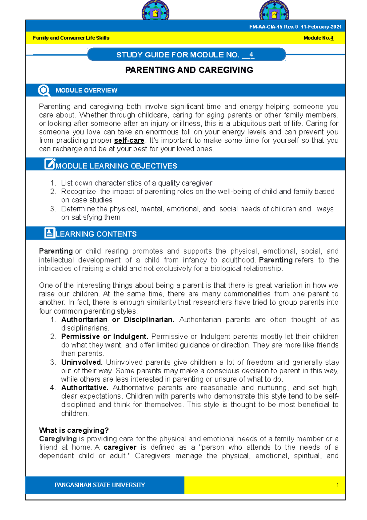 SG4 - TLED4 - 4 PARENTING AND CAREGIVING MODULE OVERVIEW Parenting and ...