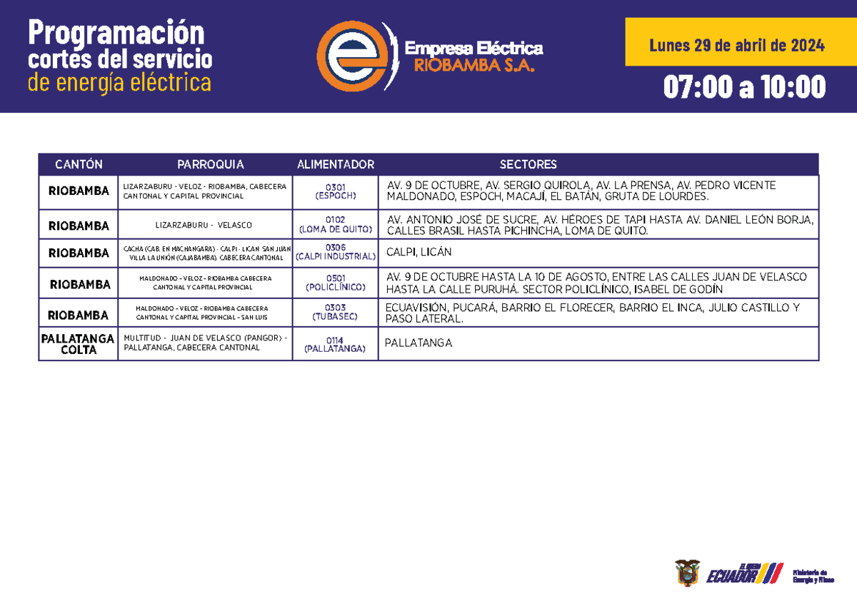Lunes 29 DE Abril - Wddd - 07:00 a 10: cortes del servicio de energía ...