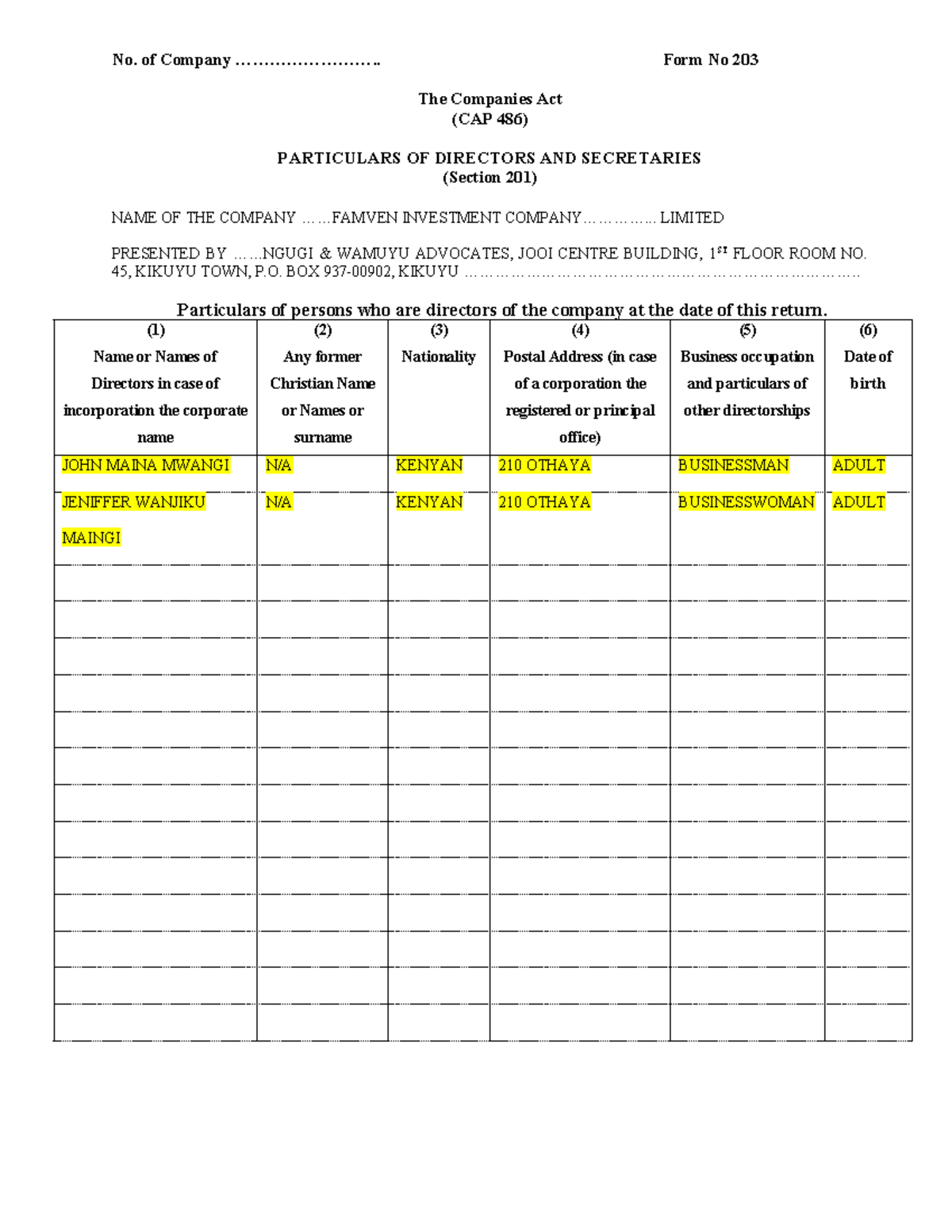 FORM 203 - sample pleadings - No. of Company ...