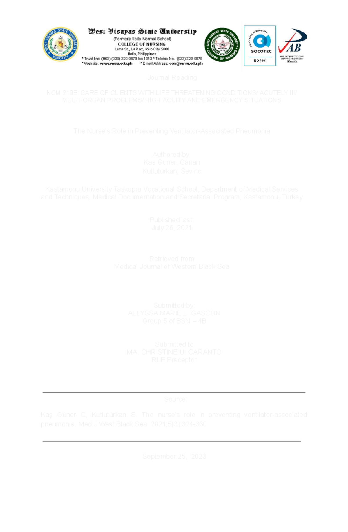 Journal about Hospital - Journal Reading NCM 219B: CARE OF CLIENTS WITH ...