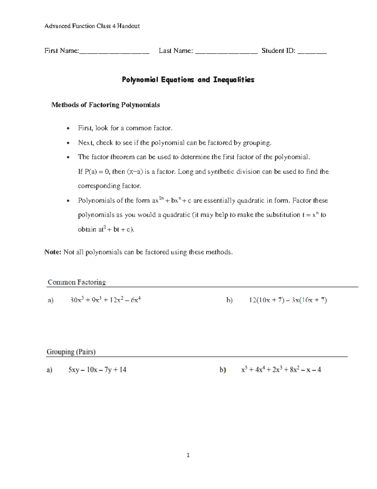 Class 04 Advanced Function Handout July 09 - First Name ...
