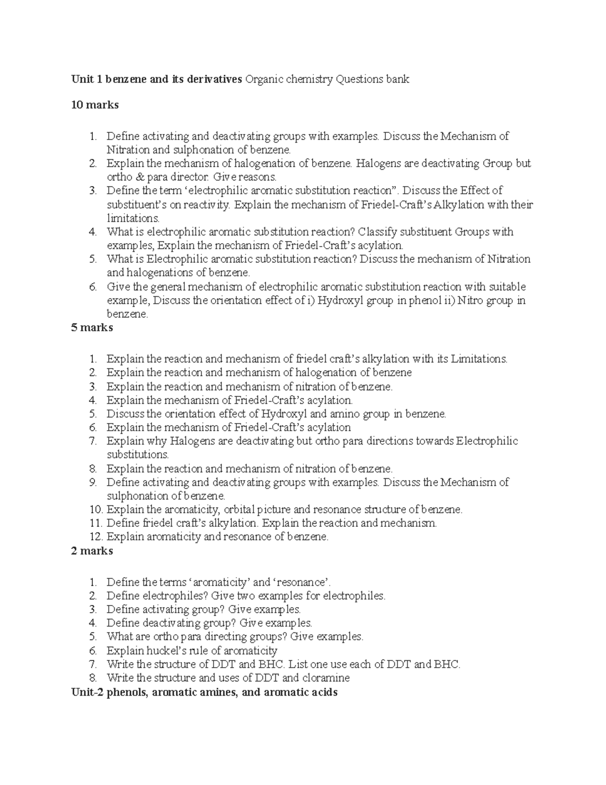 POC-II Question bank - Unit 1 benzene and its derivatives Organic ...
