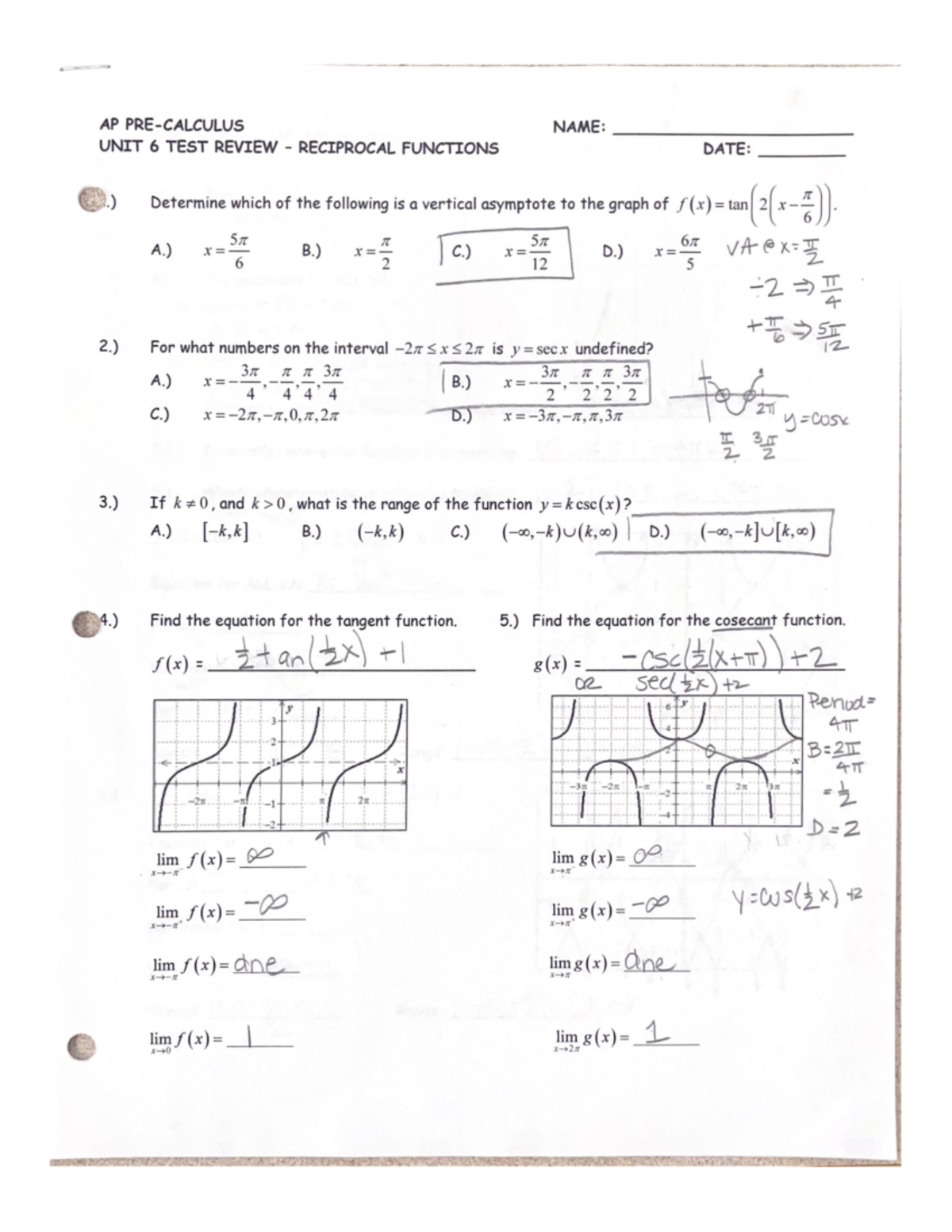 7 - Solutions Unit 6 Test Review Reciprocal Graph Practice handout ...