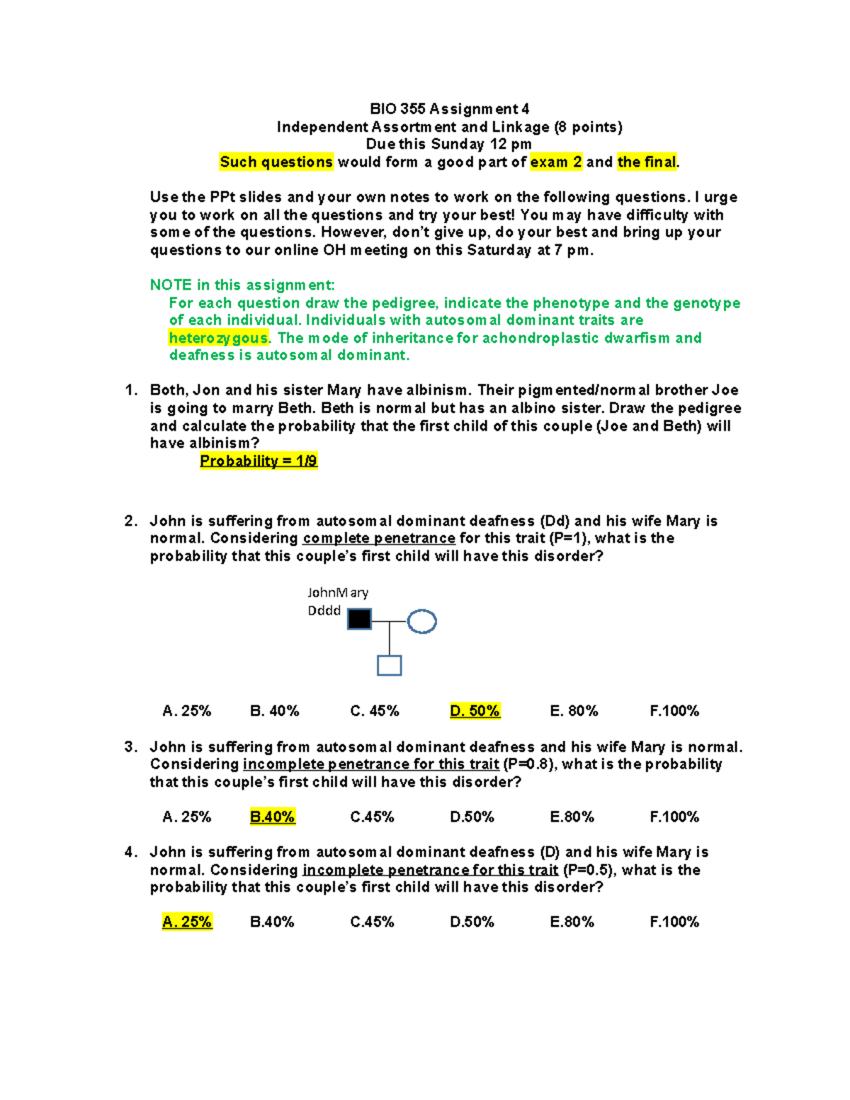 Genetics Assignment 4 - Fall 2021 BIO 355 Professor Ghiasvand - BIO 355 ...