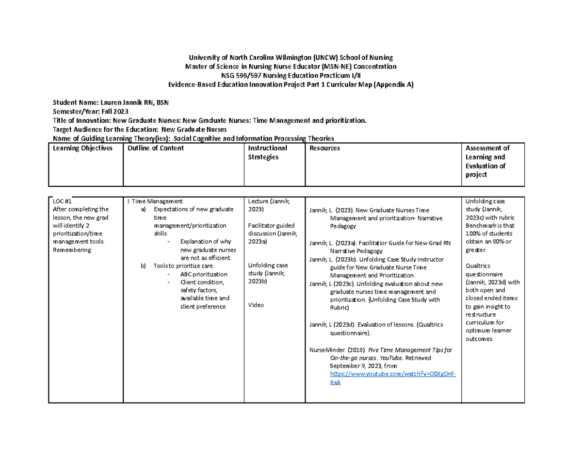 NSG 596 and597Curriculum Map Final - University of North Carolina ...