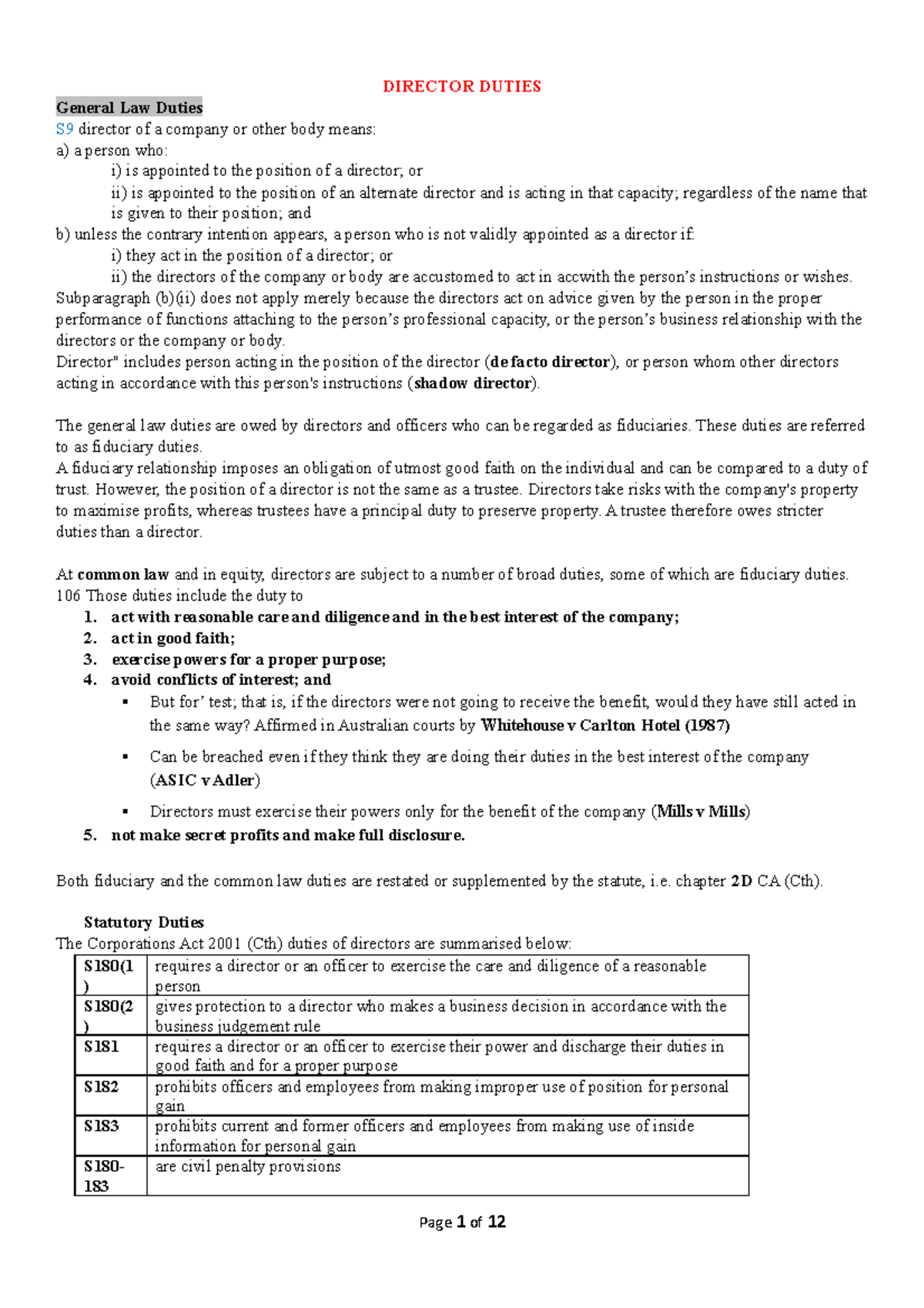 Director duties and indoor management rule - DIRECTOR DUTIES General ...
