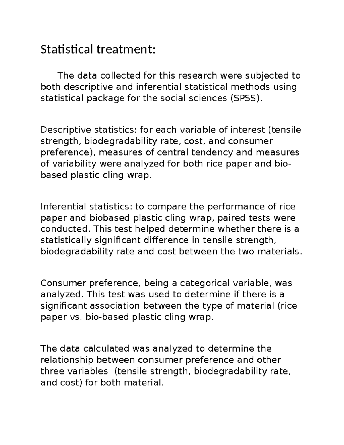 Statistical treatment - Statistical treatment: The data collected for ...