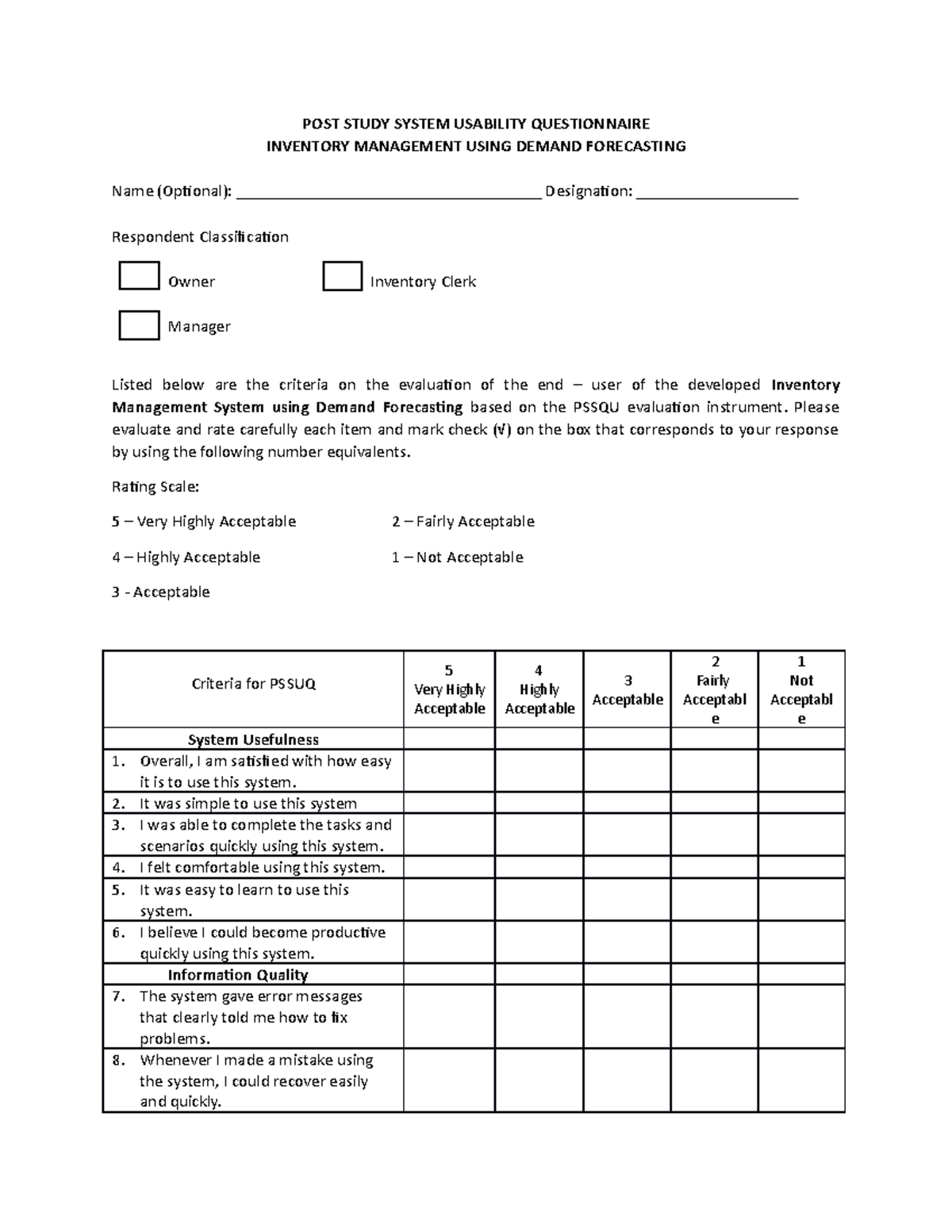 POST Study System Usability Questionnaire - POST STUDY SYSTEM USABILITY ...