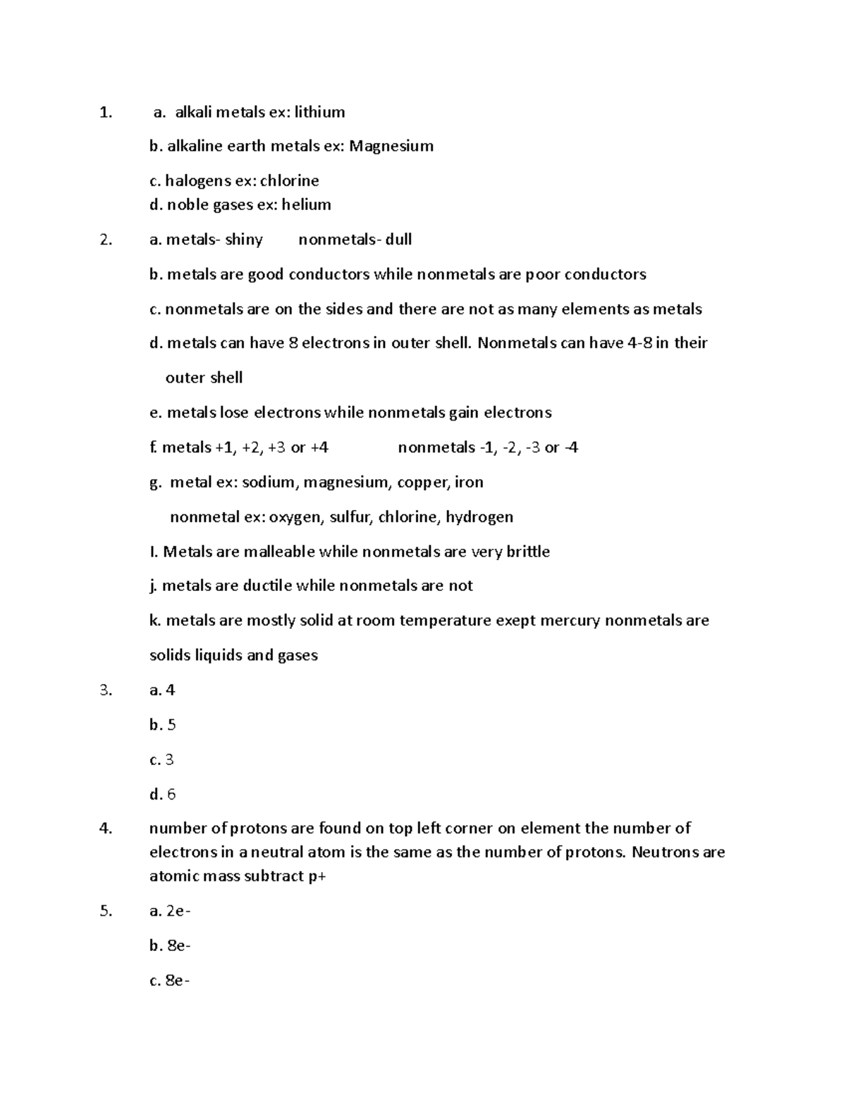 Homework 5 - practice - a. alkali metals ex: lithium b. alkaline earth ...