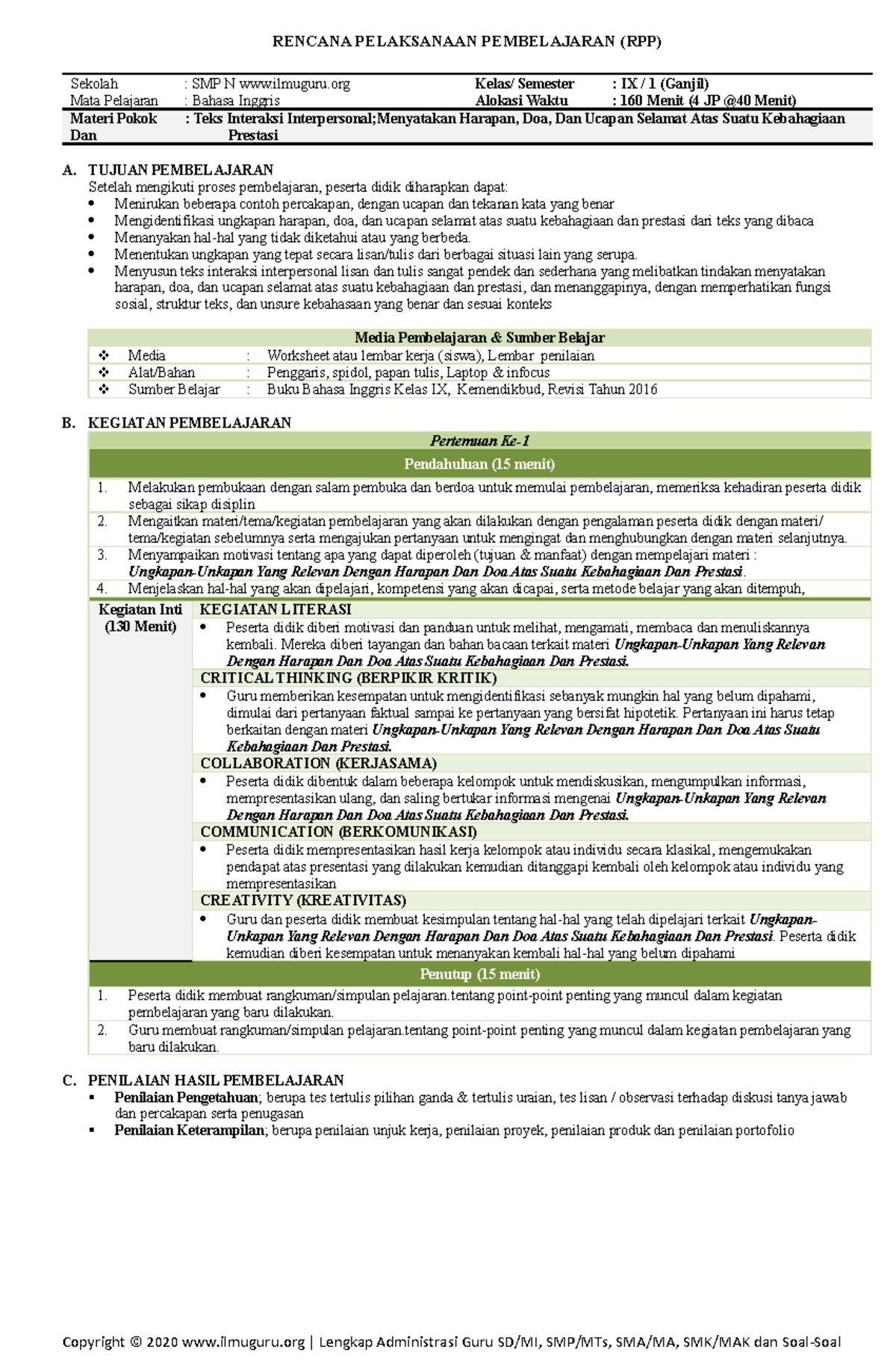RPP Contoh - RPP - RENCANA PELAKSANAAN PEMBELAJARAN (RPP) Sekolah : SMP ...