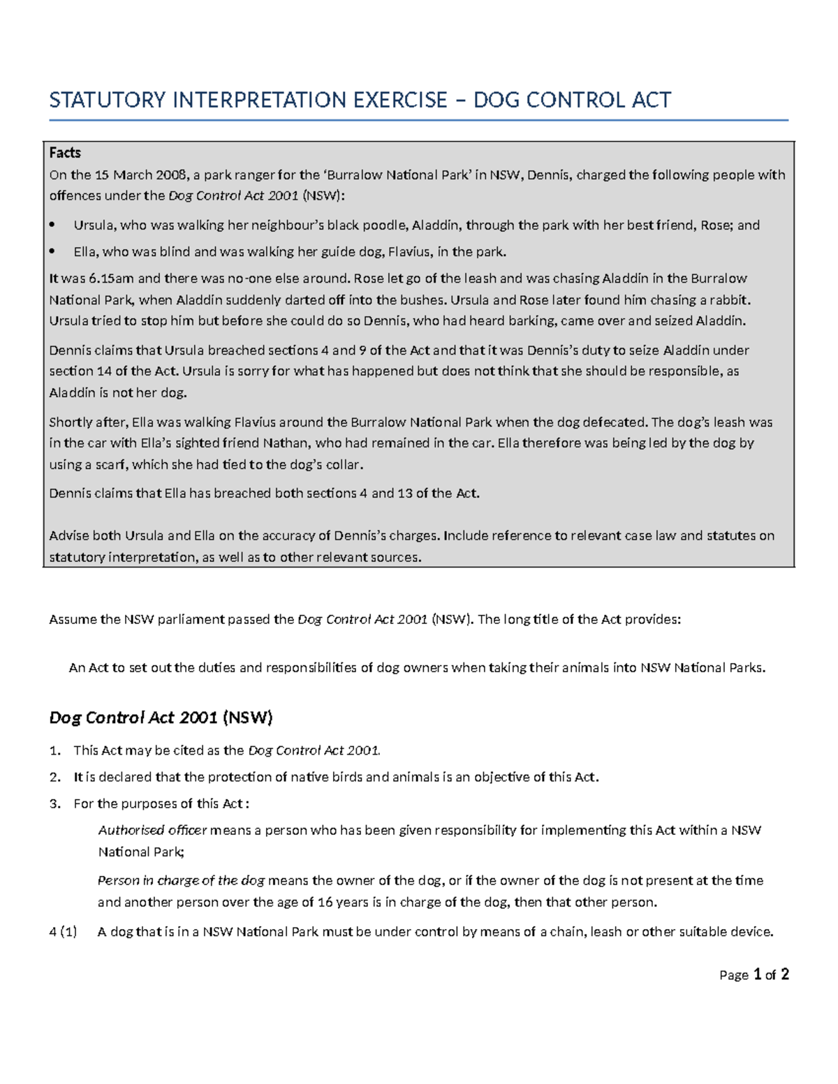 Dog Control Act Exercise - For Students - STATUTORY INTERPRETATION ...