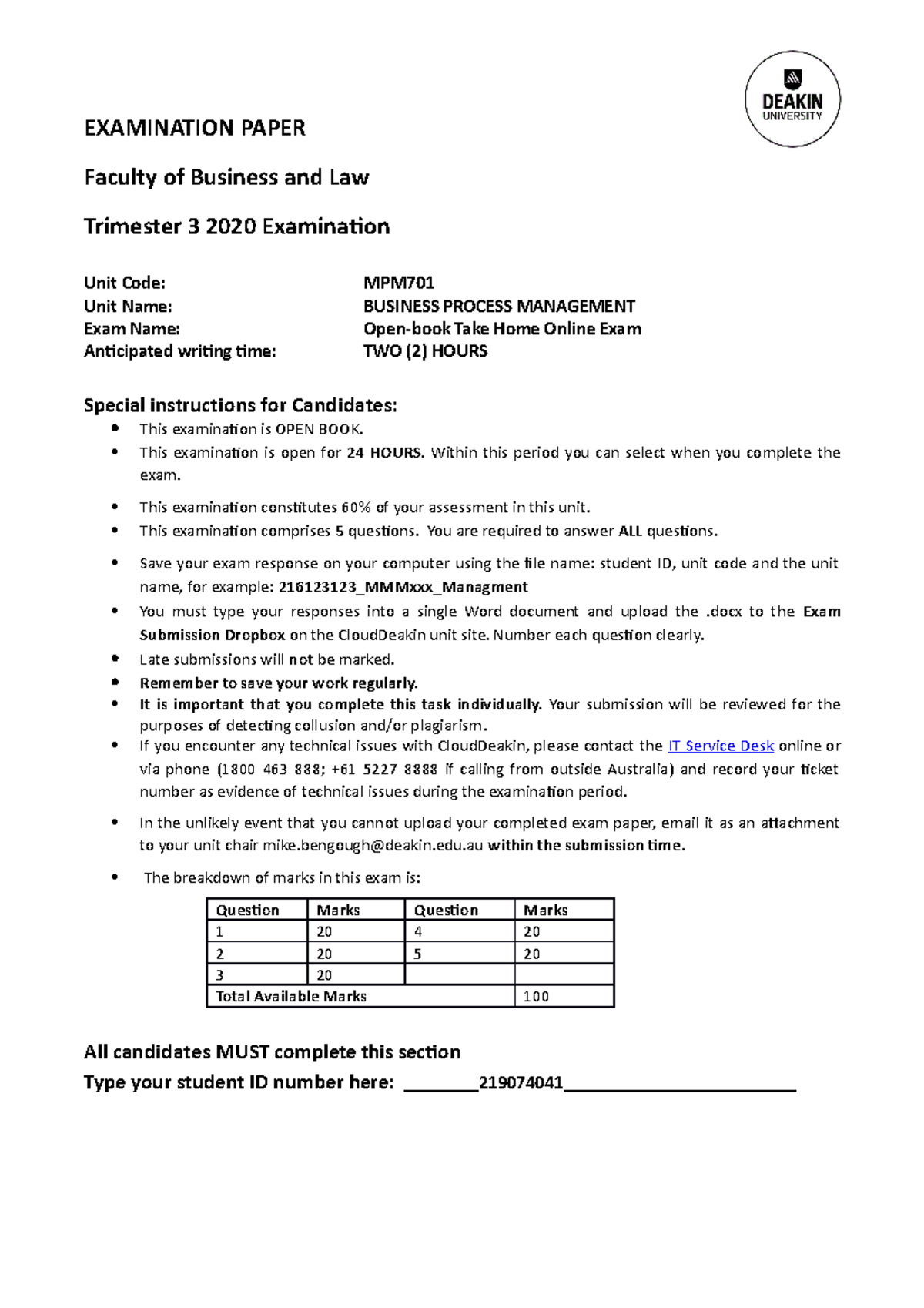 Business Process Managem - EXAMINATION PAPER Faculty of Business and ...