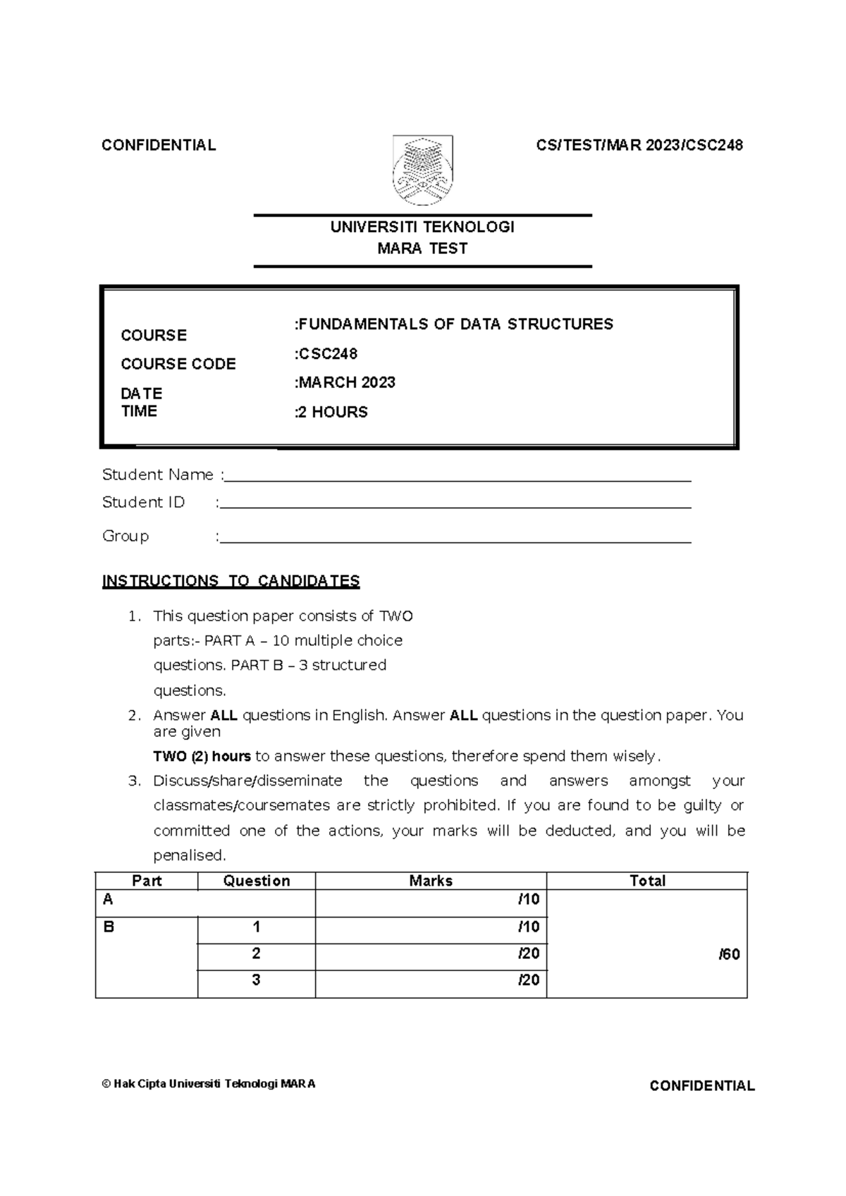 TEST 1 CSC248 MAC2023 Question - UNIVERSITI TEKNOLOGI MARA TEST Student ...