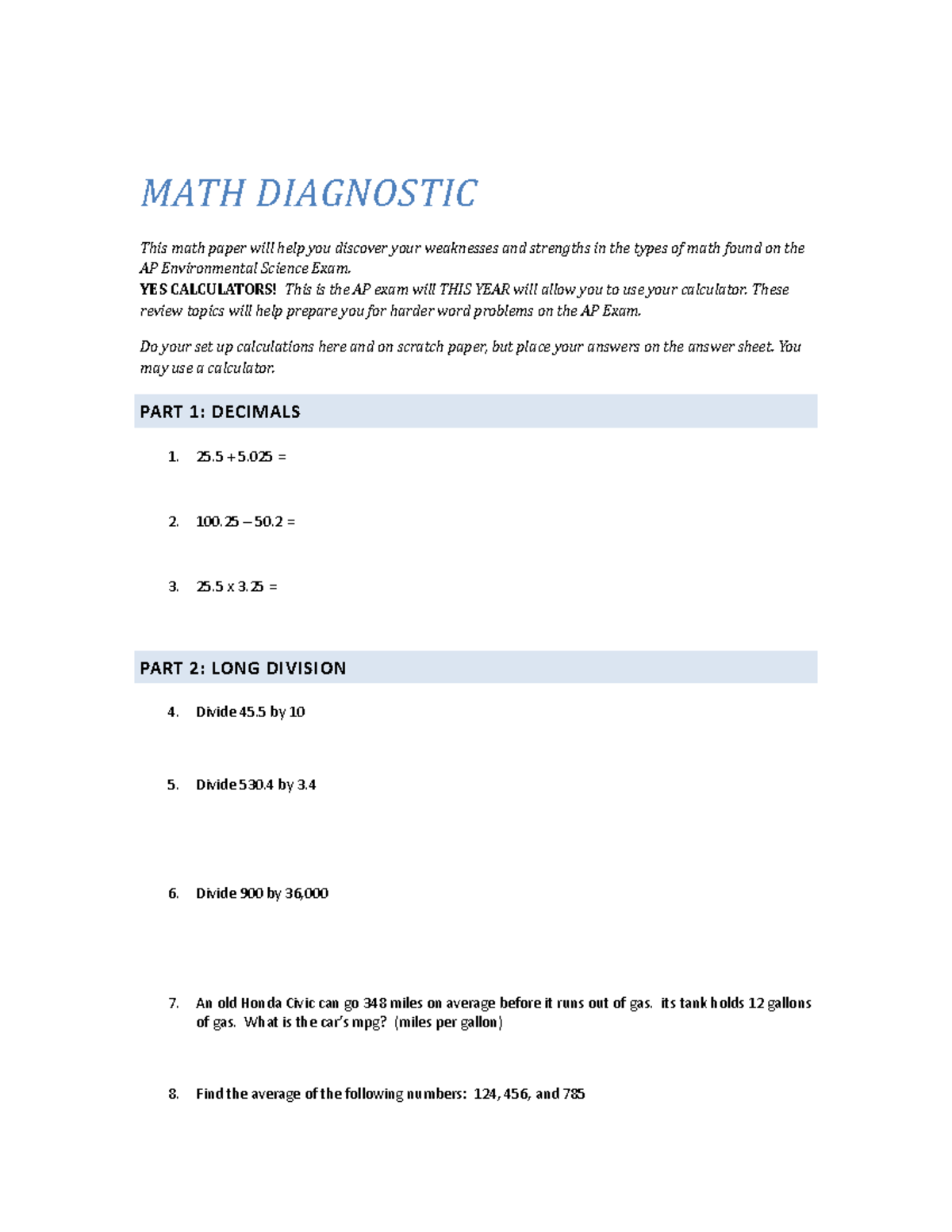 Apes math diagnostic - MATH DIAGNOSTIC This math paper will help you ...