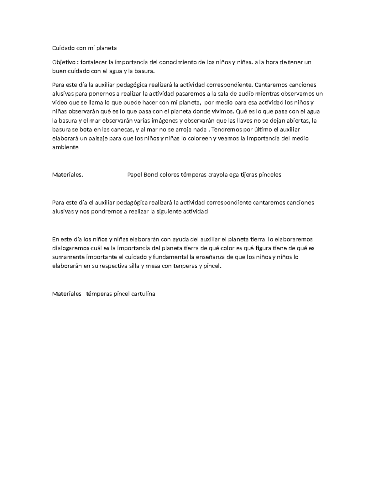 Trabao Karen - guías - Cuidado con mi planeta Objetivo : fortalecer la ...