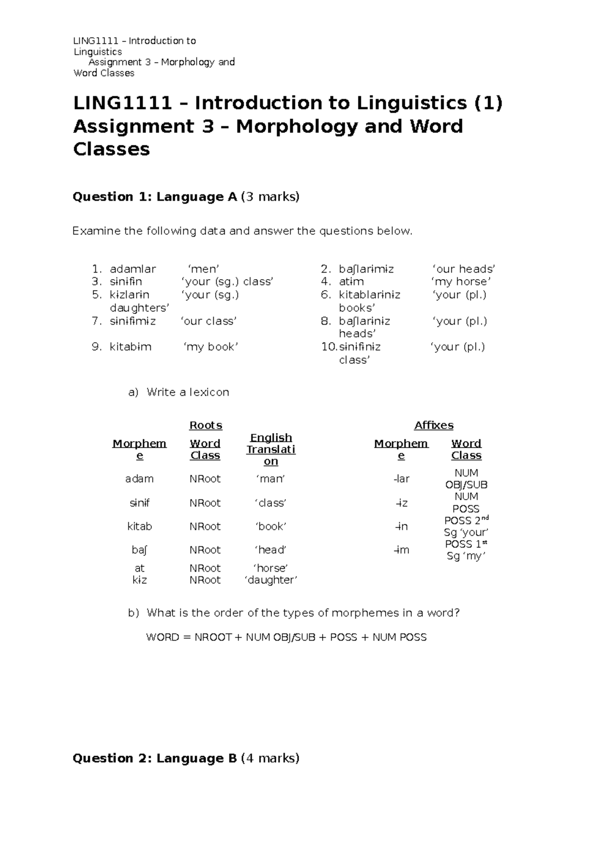 Assignment 3 Morphology and Word Classes - LING1111 – Introduction to ...