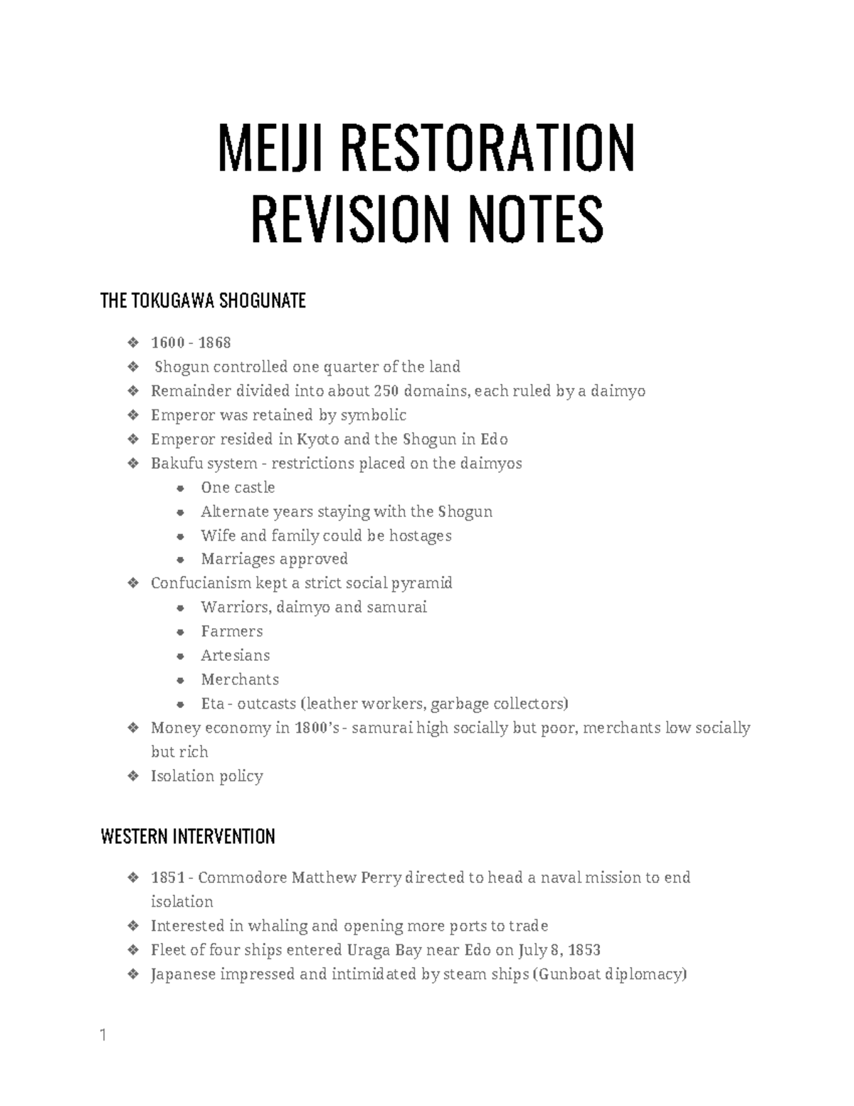 Revision Notes on Meiji Restoration - MEIJI RESTORATION REVISION NOTES ...