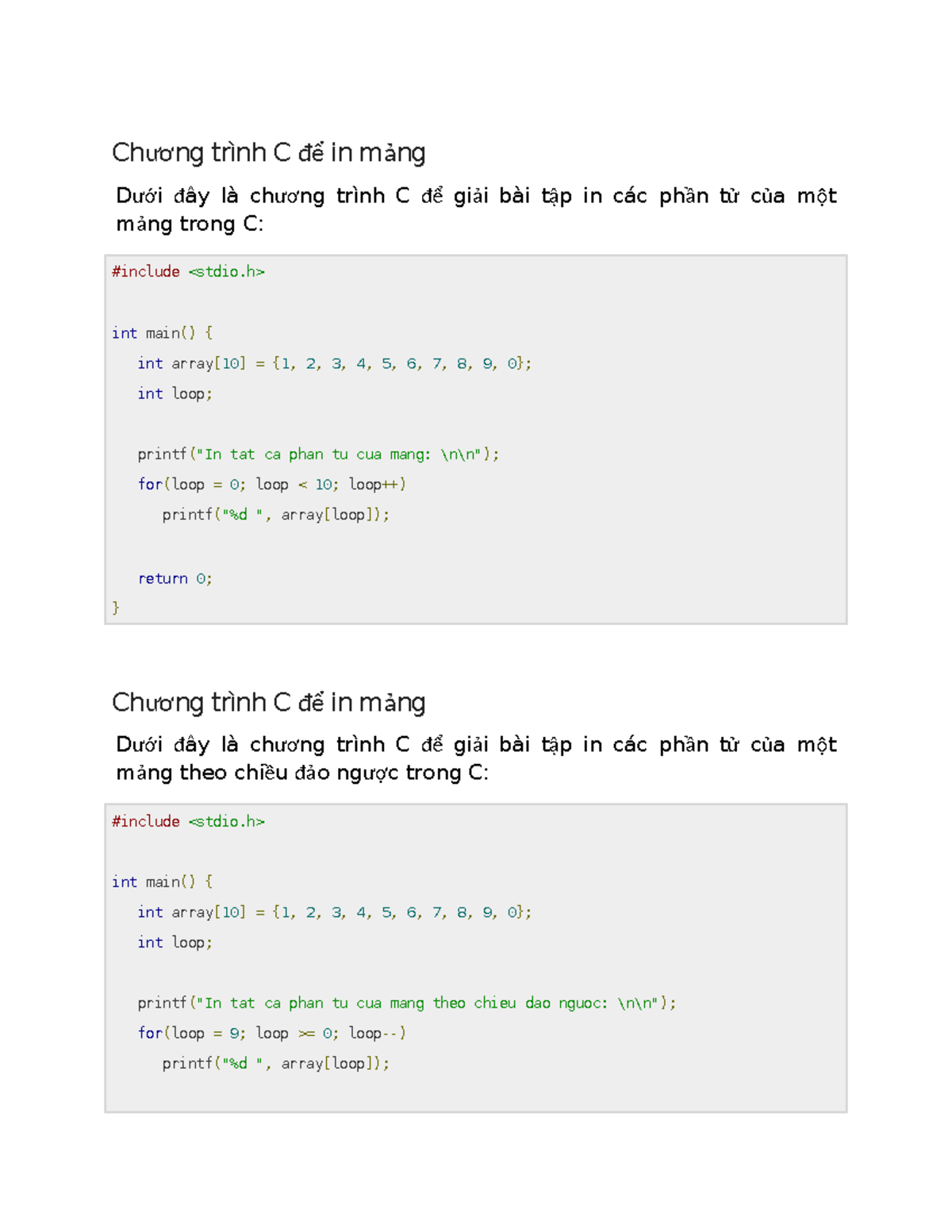 Mảng 1 chiều - Chương trình C để in mảng Dưới đây là chương trình C để ...