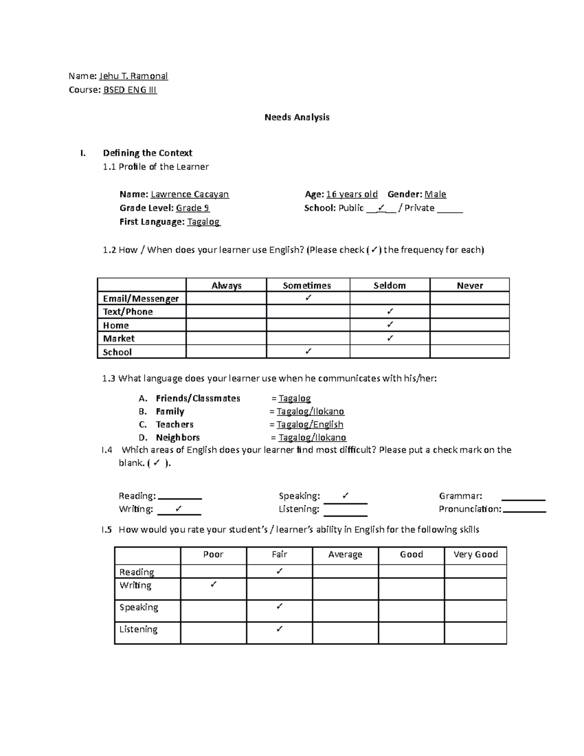 Needs Analysis - hehe - Name: Jehu T. Ramonal Course: BSED ENG III ...