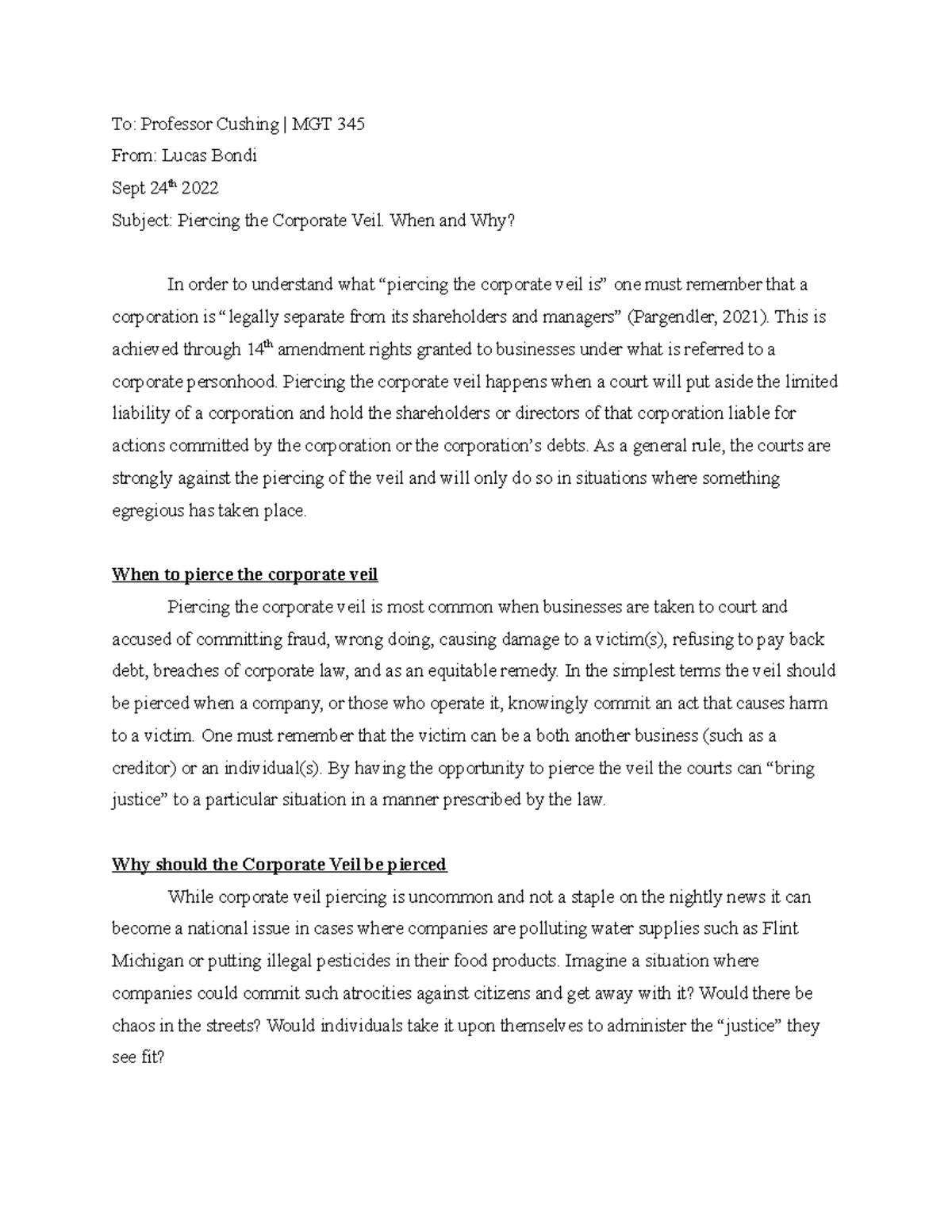 Memo 3 corporate veil - n/a - To: Professor Cushing | MGT 345 From ...