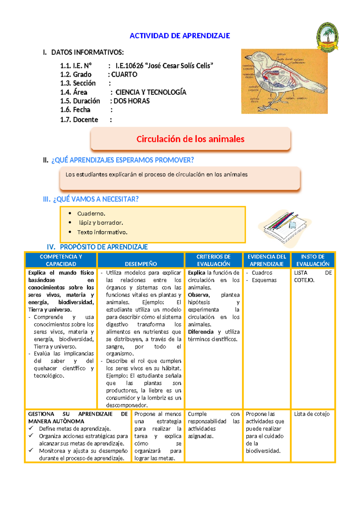 D1 A2 Sesion CT. Circulación de los animales - ACTIVIDAD DE APRENDIZAJE I. DATOS INFORMATIVOS: 1 ...