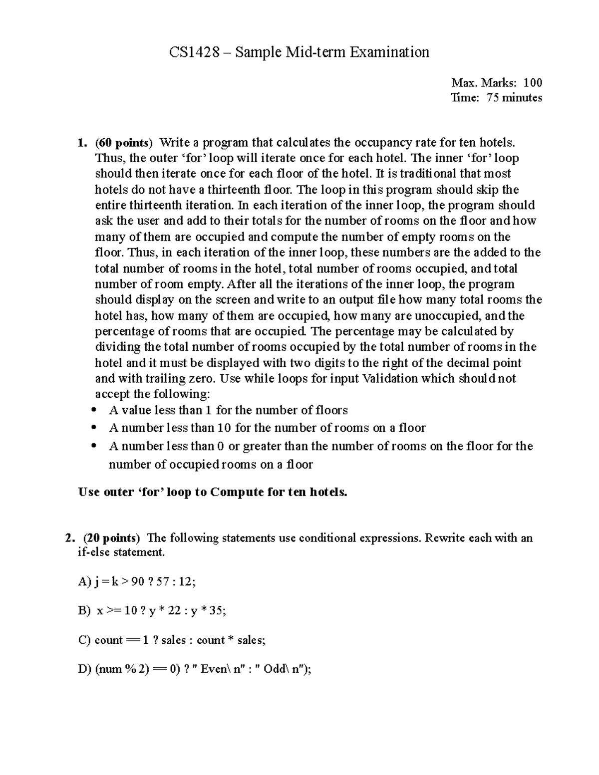 CS1428 - Sample Mid-term Exam 3-1-19 - CS1428 – Sample Mid-term ...