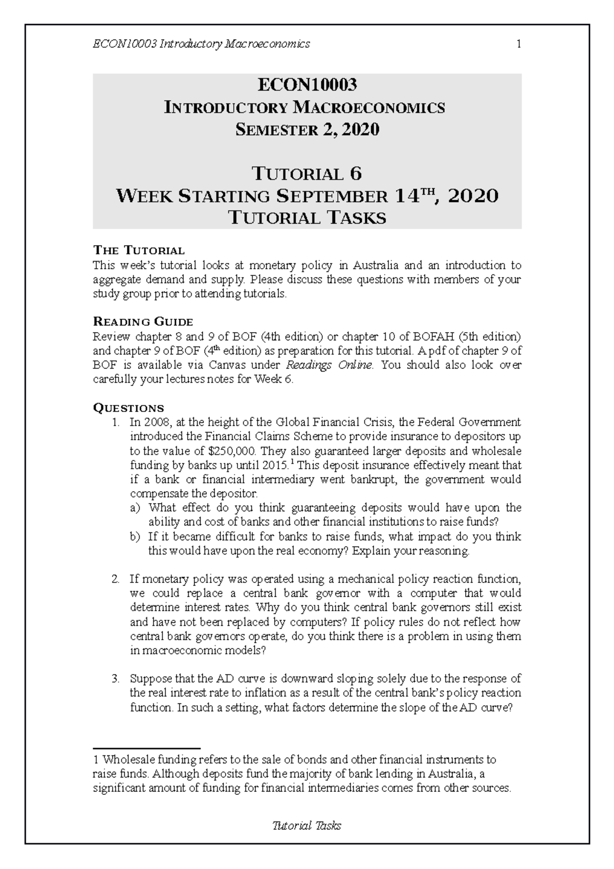 T6 Intutorial 2020 - In-tutorial worksheet - ECON10003 Introductory Macroeconomics ECON ...