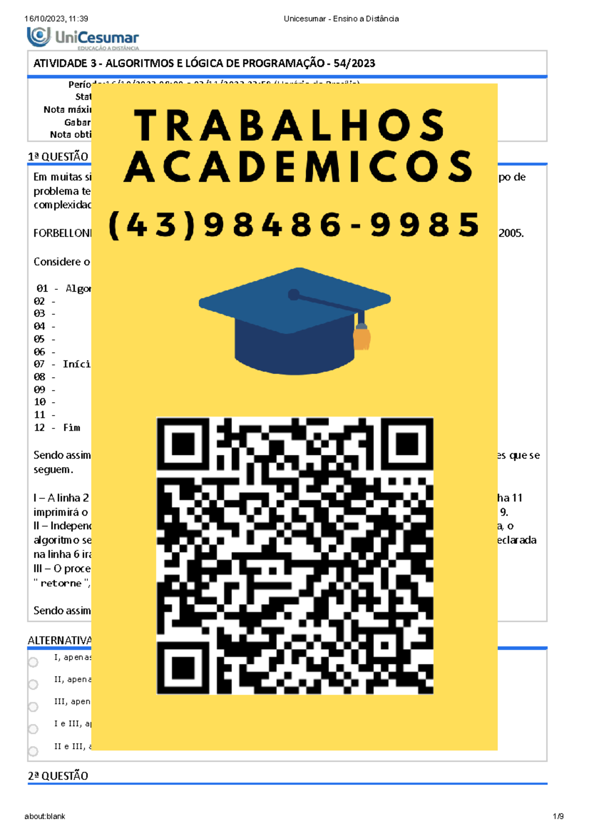 Atividade 3 - Algoritmos E Lógica DE Programação - 542023 - ATIVIDADE 3 ...