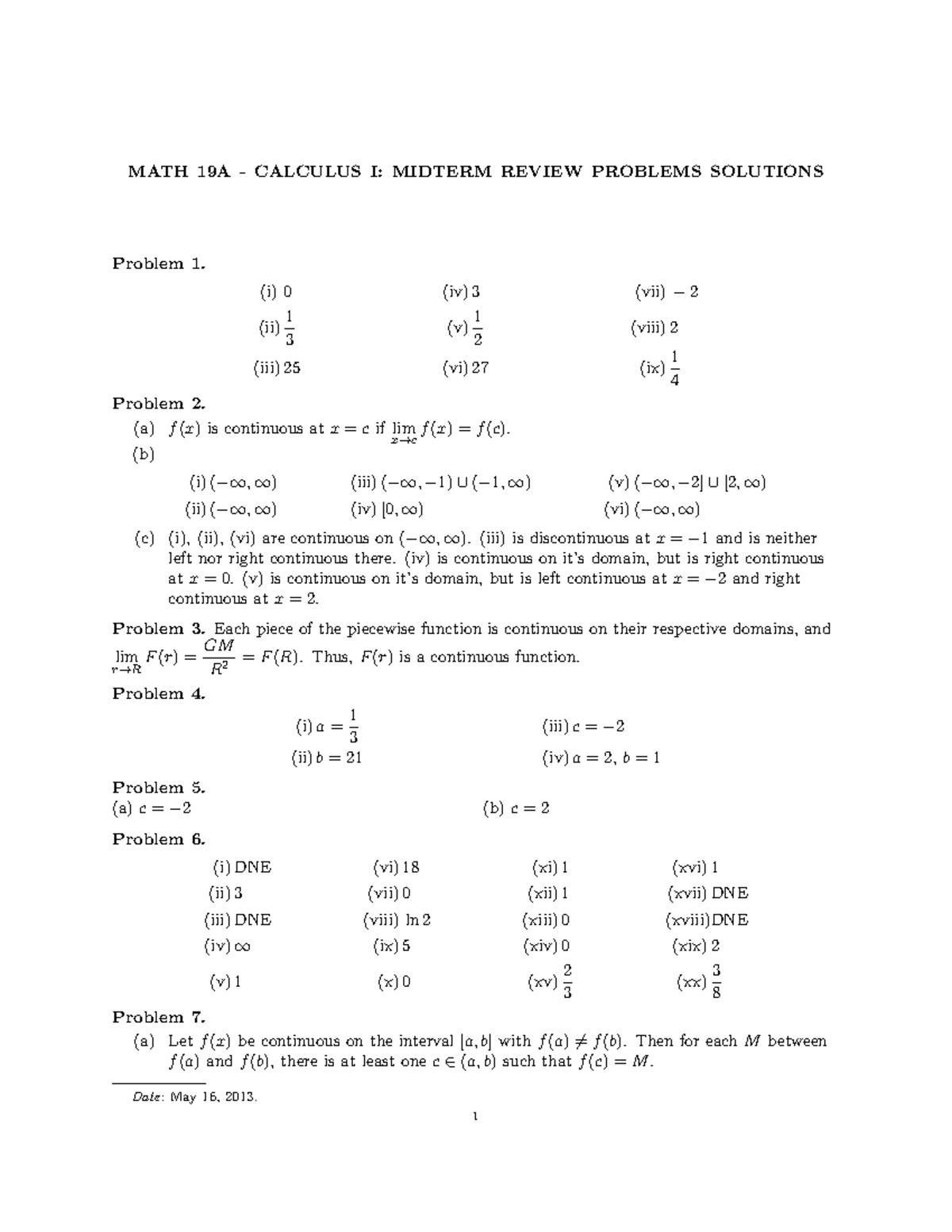 MATH19A-Midterm Review Solutions-1 - MATH 19A - CALCULUS I: MIDTERM ...