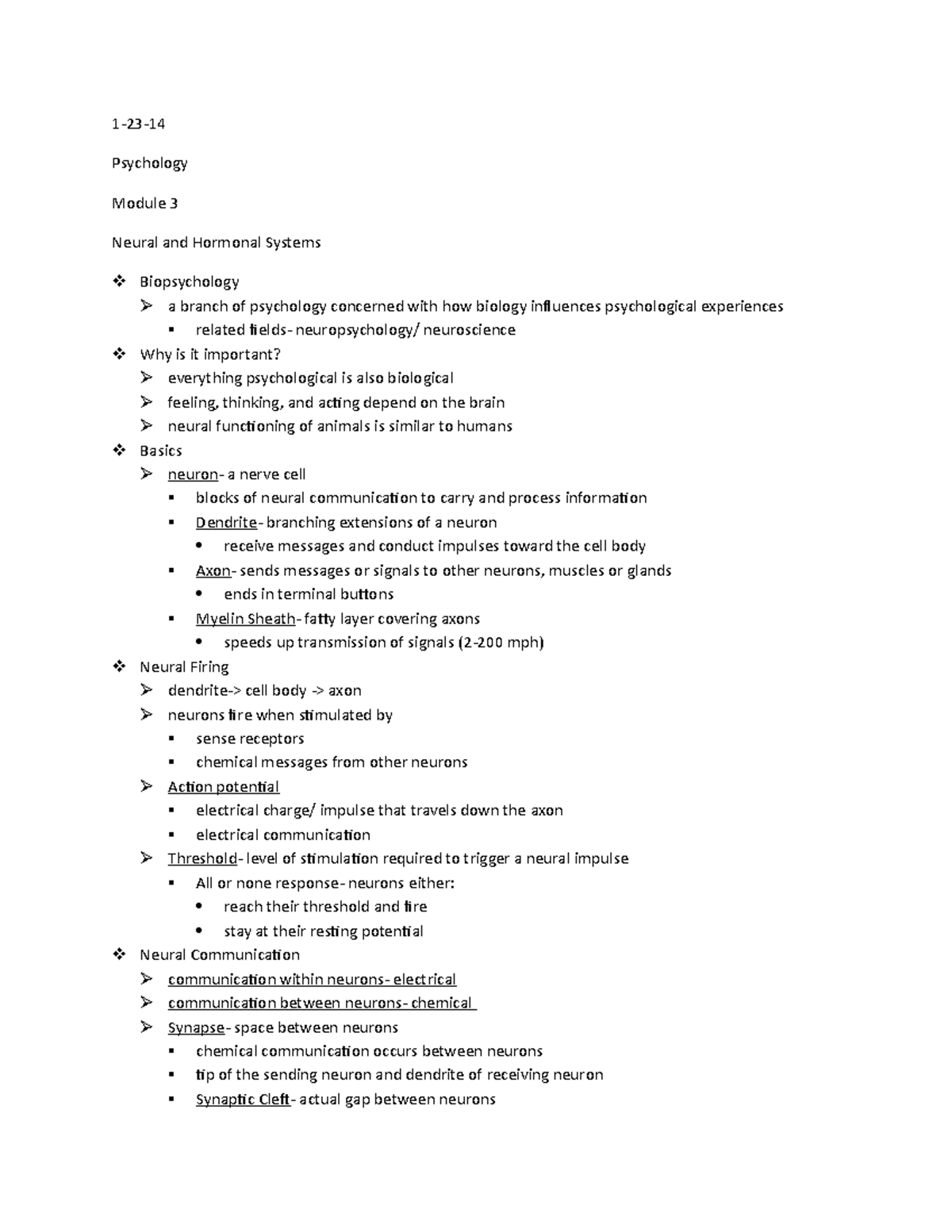 Module 3 - 1-23-14 Psychology Module 3 Neural and Hormonal Systems ...