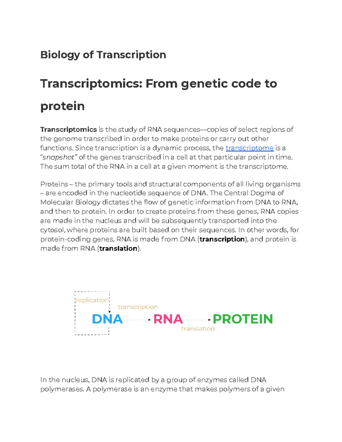 Transcriptomics 1-1 - Lecture notes 1-1 - Biology of Transcription ...