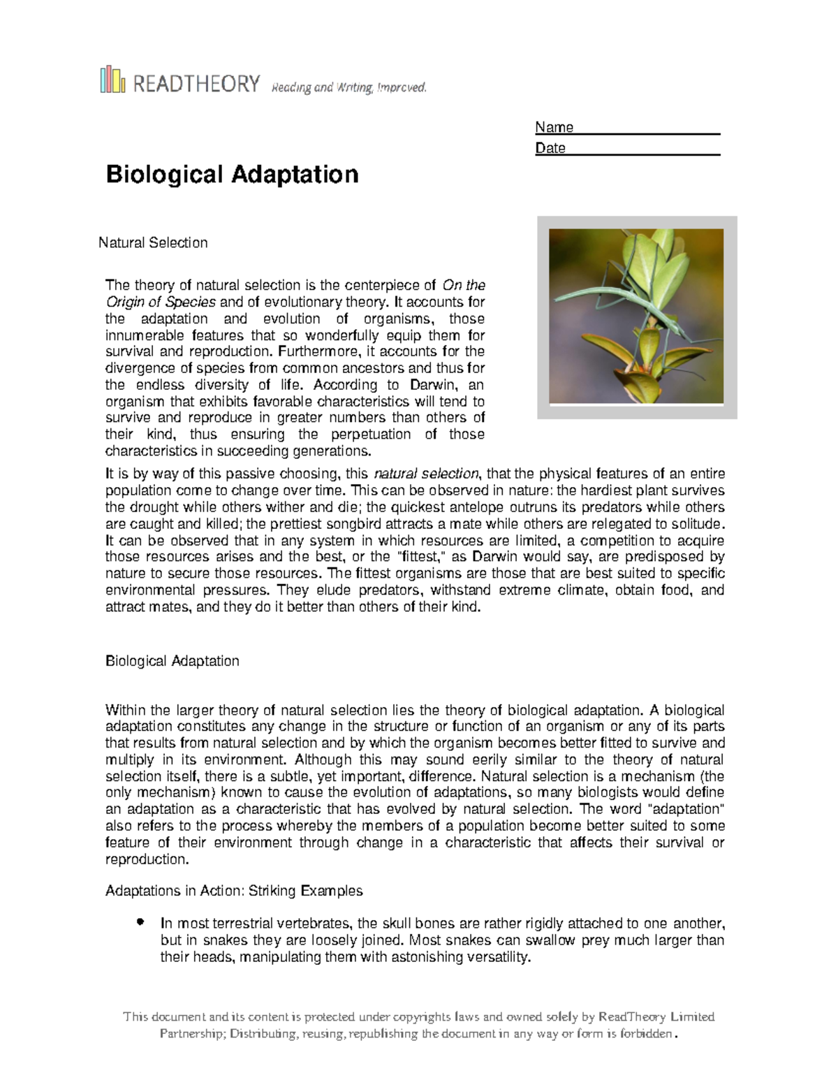 Reading comprehension Biological-Adaptation-T - This document and its ...
