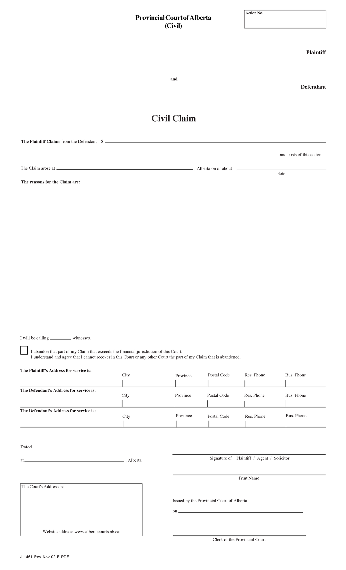 Civil Claim Example - Action No. Provincial Court of Alberta (Civil ...