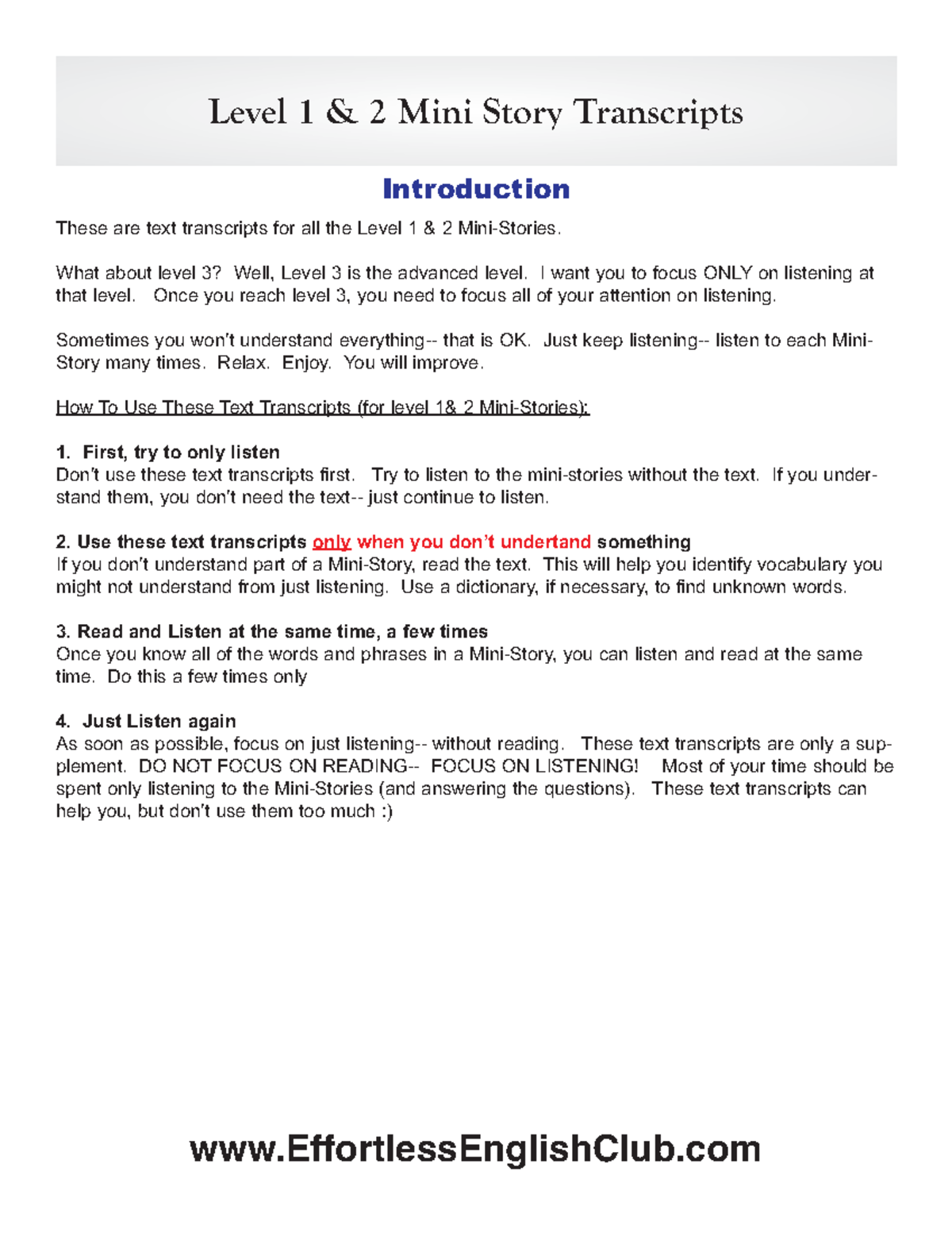 Mini Story Transcripts - Level 1 & 2 Mini Story Transcripts These are ...