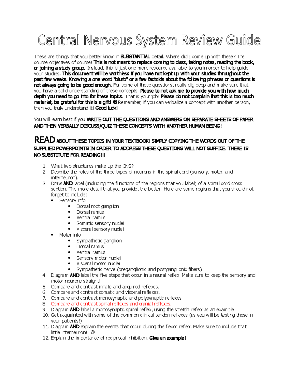 Central Nervous System Review Guide - These are things that you better ...
