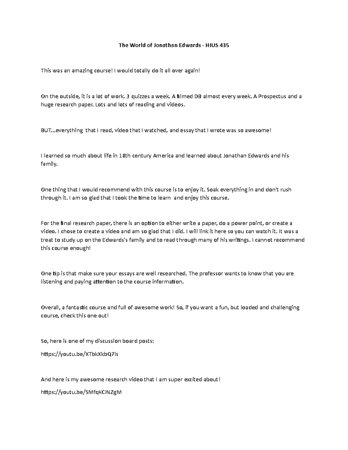 The World of Jonathan Edwards - 3 quizzes a week. A filmed DB almost ...