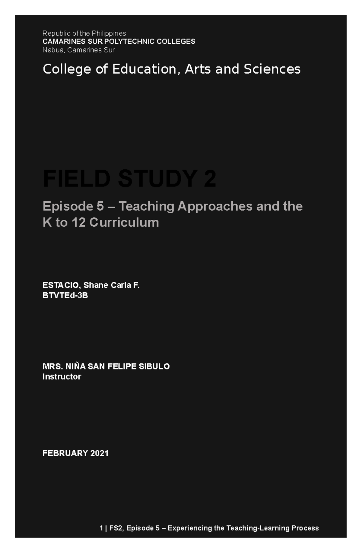 Field Study 2 Episode 5 - bachelor of technical teacher education - Studocu