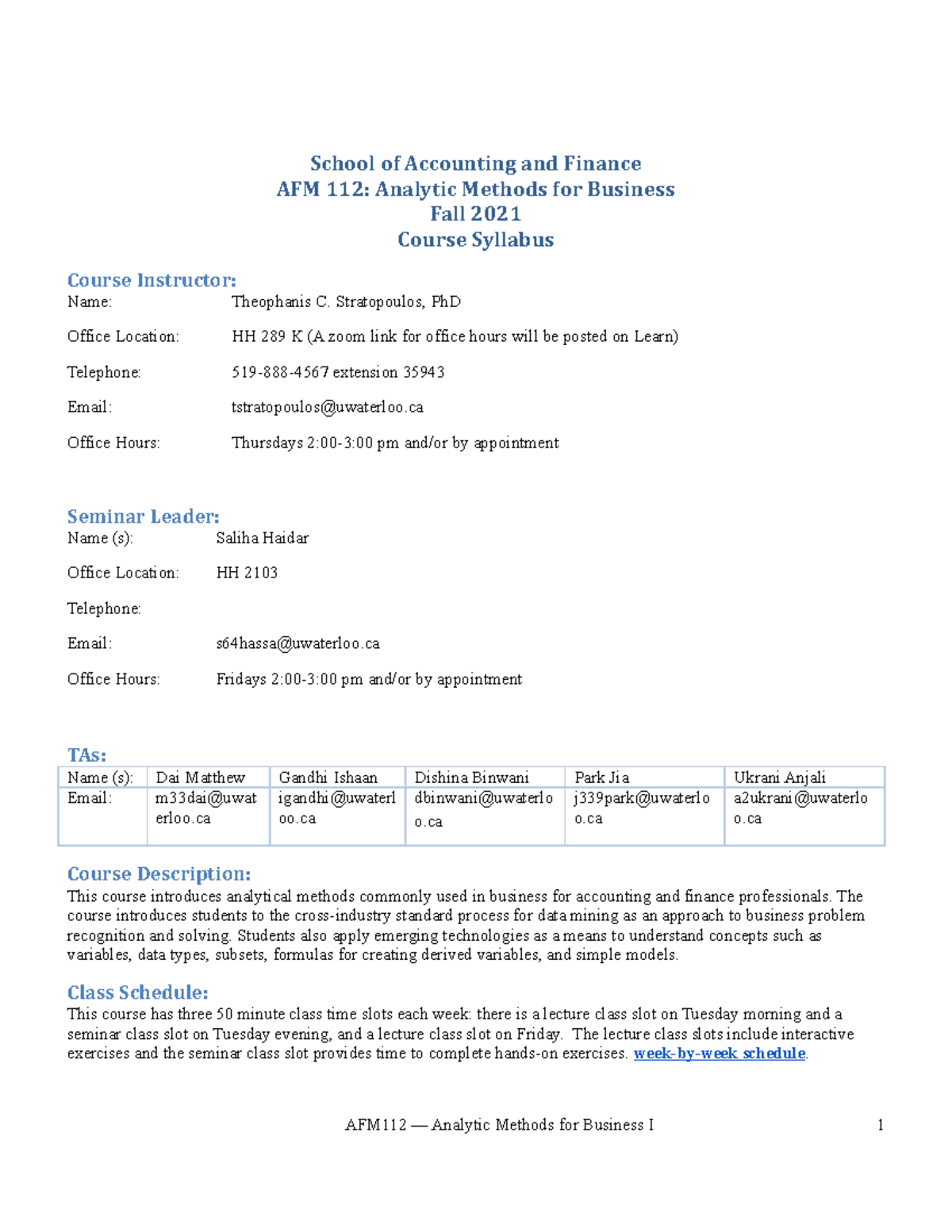 Syllabus AFM 112 - Fall 2021 - School of Accounting and Finance AFM 112 ...