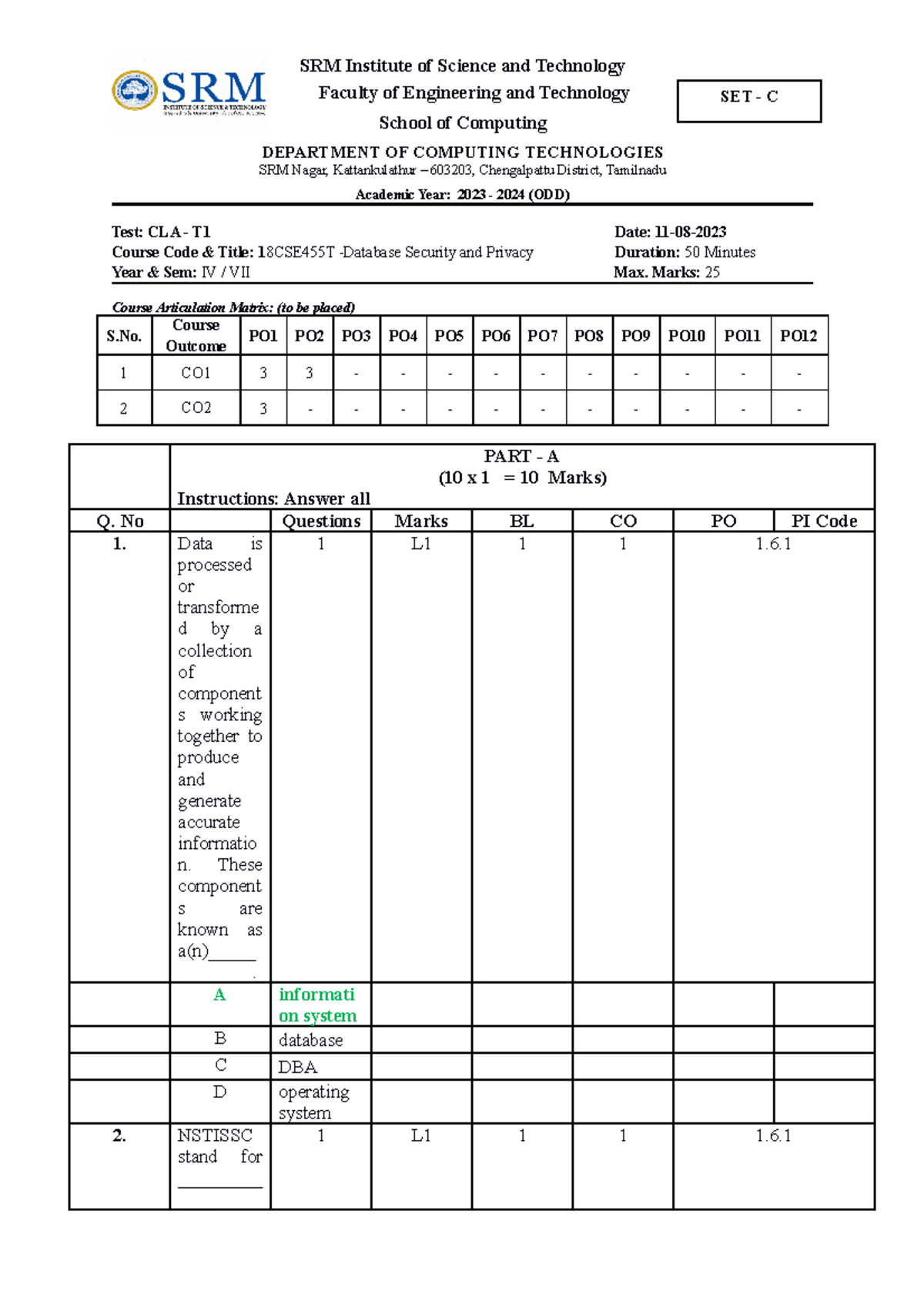 Ct 1 Set C Answer Key Srm Institute Of Science And Technology Faculty Of Engineering And